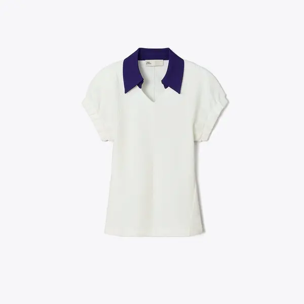 Tory Burch Cotton And Silk Polo - White/ballpoint Blue