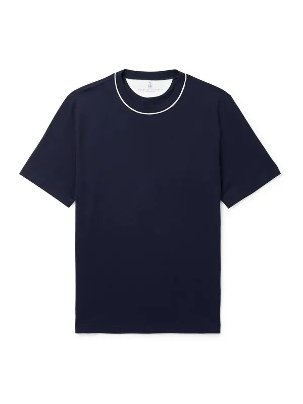 Brunello Cucinelli Piped Cotton-jersey T-shirt - Blue