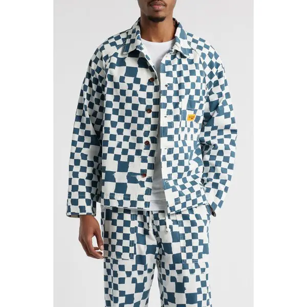SERVICE WORKS Organic Cotton Drill Printed Front Of House Jacket - Teal Checker