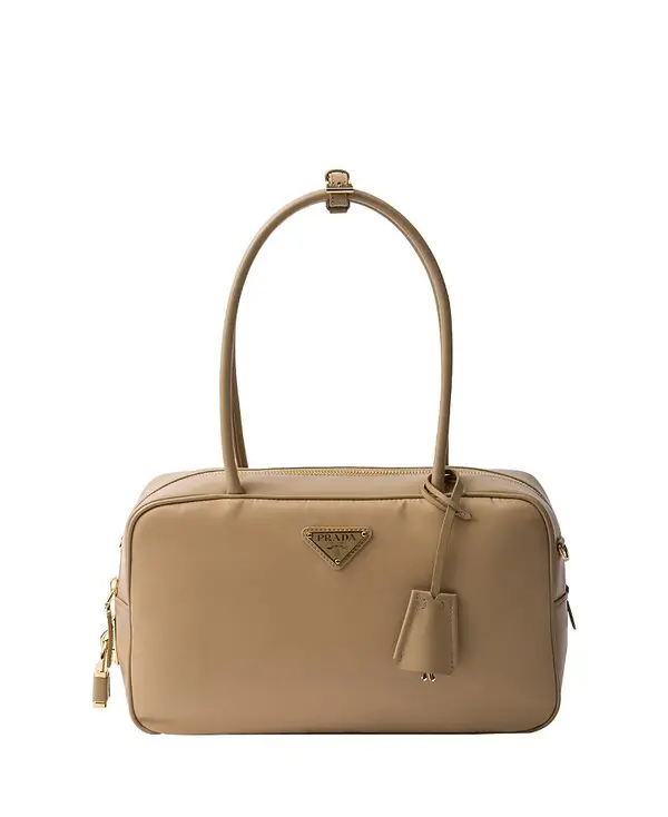 Prada Re-nylon And Leather Medium Top-handle Bag With Padlock - Camel Brown