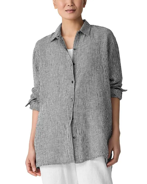 Eileen Fisher Puckered Linen Classic Collar Shirt - Black White