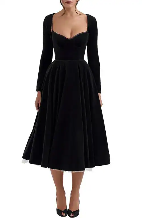 House Of Cb Mademoiselle Long Sleeve Midi Cocktail Dress In Black |  Editorialist