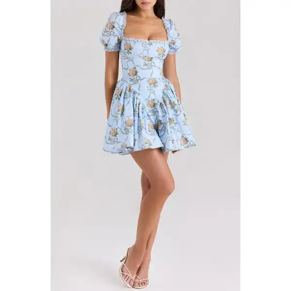 House Of Cb Rosie Puff Sleeve Mini Sundress Yellow Rose Blue