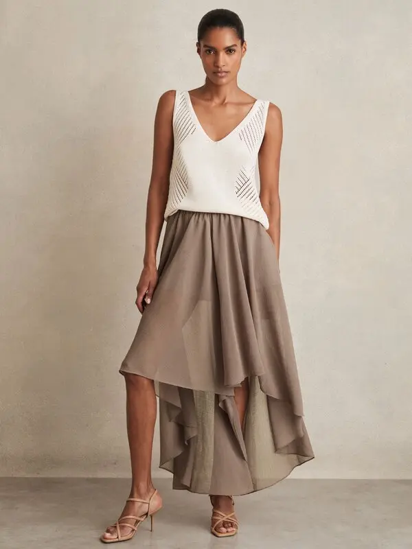 REISS Sheer Overlay High-low Hem Shorts - Mink Neutral