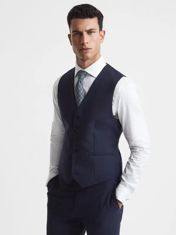 REISS Bold Classic Slim Fit Wool Horseshoe Waistcoat - Navy