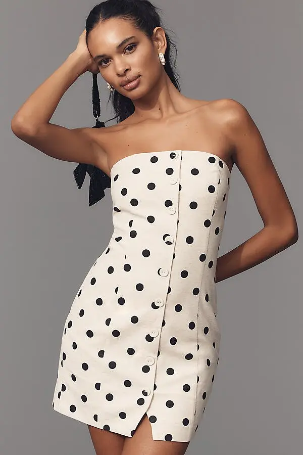 Endless Rose Strapless Button-front Cotton Linen Mini Dress - Neutral Pattern