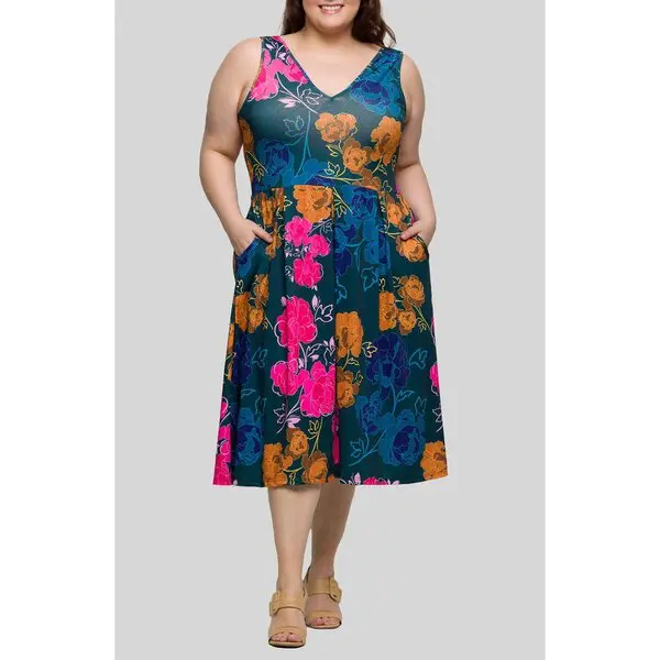 24SEVEN COMFORT APPAREL Vivid Floral Fit & Flare Dress - Green Multi