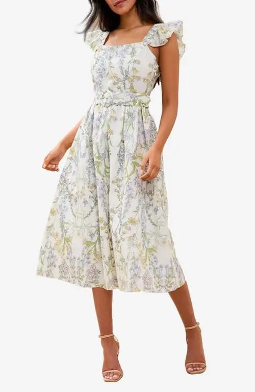 LIPSY Floral Print Ruffle Belted Midi Dress