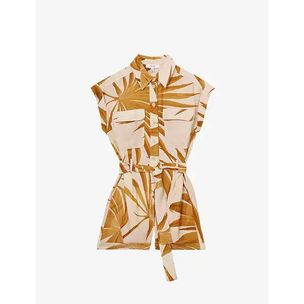 Reiss Harri Palm-Print Woven Playsuit In Neutral Editorialist