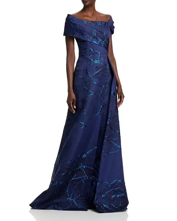 blue dress for baby girl Metallic Jacquard Asymmetrical Shoulder Gown main image 1