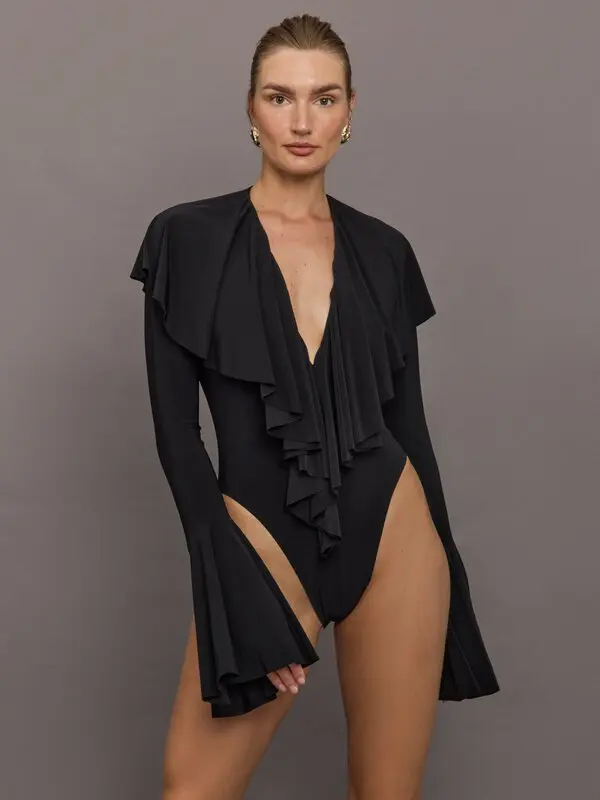 Norma Kamali Long Sleeve Deep V Ruffle Bodysuit - Black