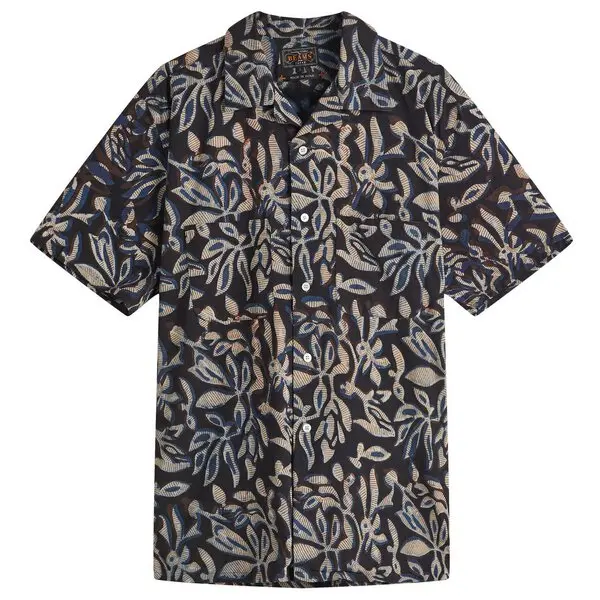 BEAMS Open Collar Block Print Leaf Shirt - Navy