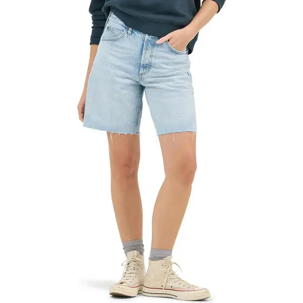 LEEM Slouch Raw Hem Denim Bermuda Shorts - Hint Of Rain