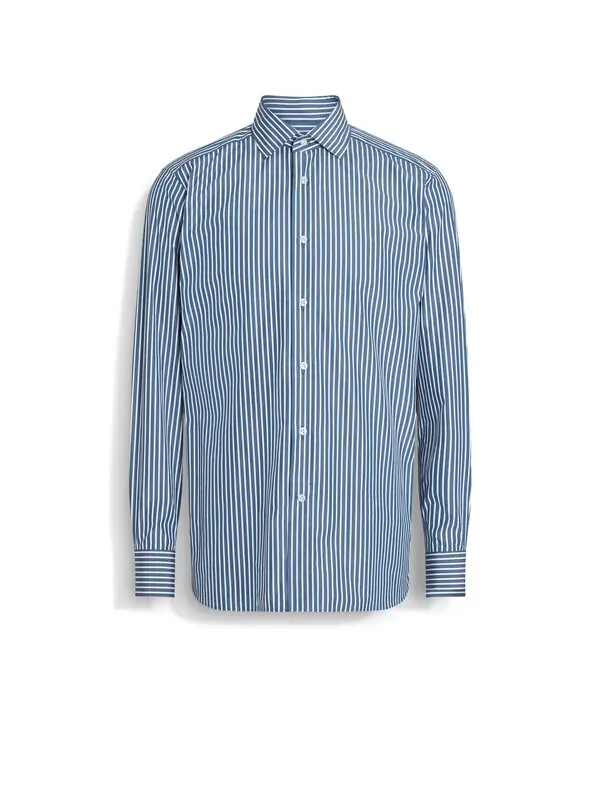 Zegna Dark Teal Blue And White Macro-striped Centoventimila Cotton Shirt - Dark Teal Blue/white