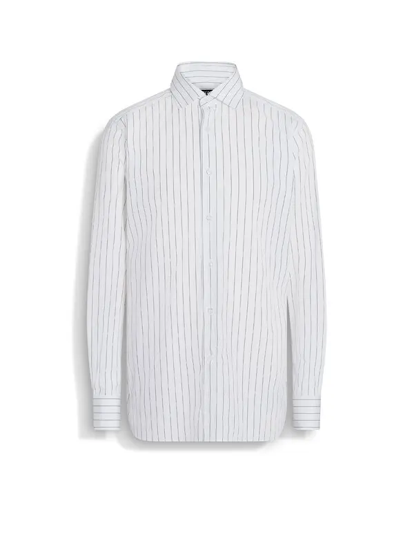 Zegna White And Navy Blue Pinstriped Centoventimila Cotton Shirt - White/navy Blue