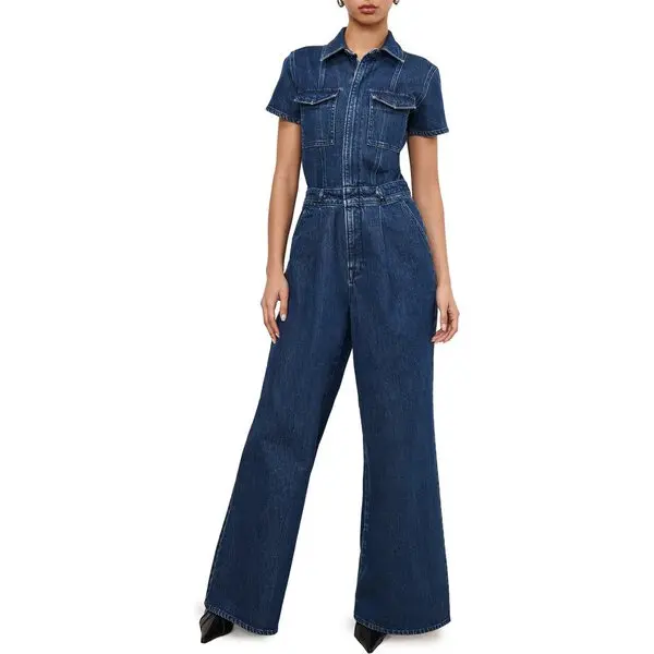 Good American Pleated Wide Leg Denim Jumpsuit - Indigo724