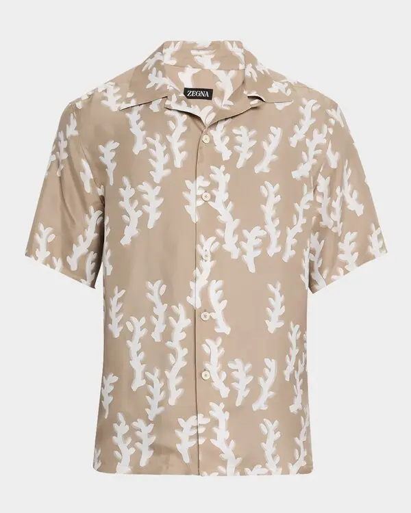 Zegna Oasi Linen Printed Short-sleeve Shirt - Lt Bge Fan