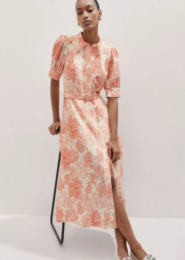 ME+EM Linen-blend Stencil Meadow Print Midi Dress With Belt
