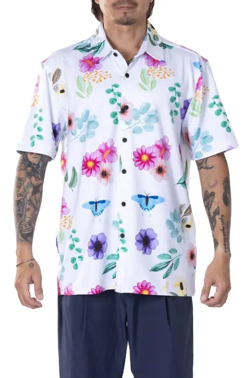 VAST Floral Watercolor Short Sleeve Performance Button-up Shirt - Fuchsia Multi