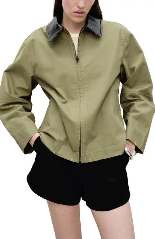 Mango Cotton Twill Jacket With Faux Leather Collar - Khaki Green