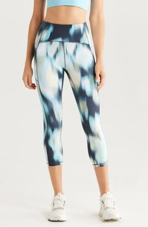 Zella Studio Luxe Print High Waist Pocket Crop Leggings - Teal Diffused Petals
