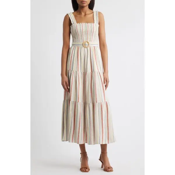 Anne Klein Smocked Bodice Belted Tiered Midi Sundress