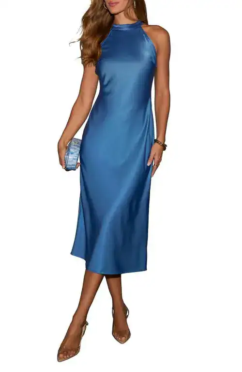 halter neck steel blue midi dress