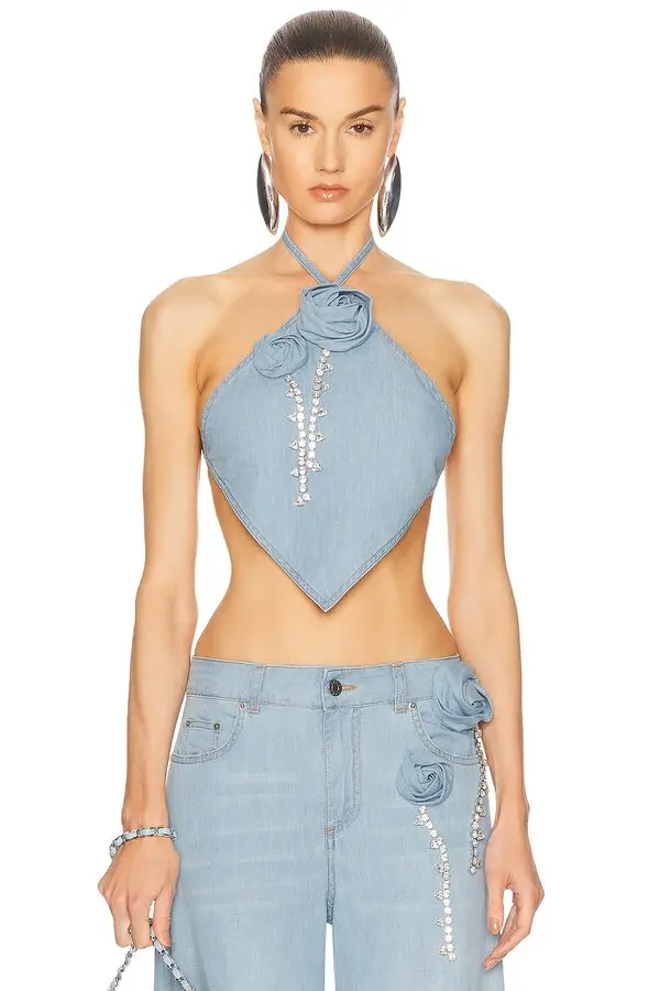 AREA Crystal Rosette Handkerchief Top