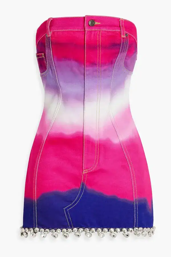 Area Strapless Crystal-Embellished Tie-Dyed Denim Mini Dress In Bright Pink  - 70% Off | Editorialist