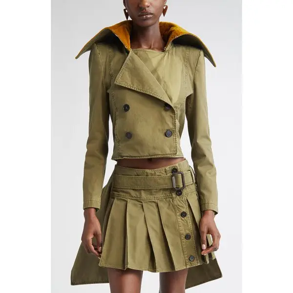 Alexander McQueen Velvet Collar Double-breasted Twill Peplum Jacket - Khaki