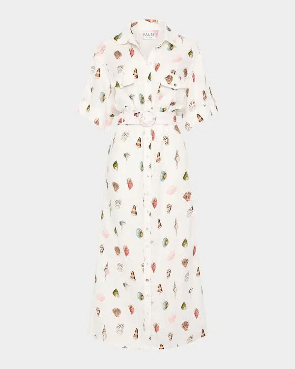 PALM NOOSA Memento Seashell-print Linen Maxi Shirtdress