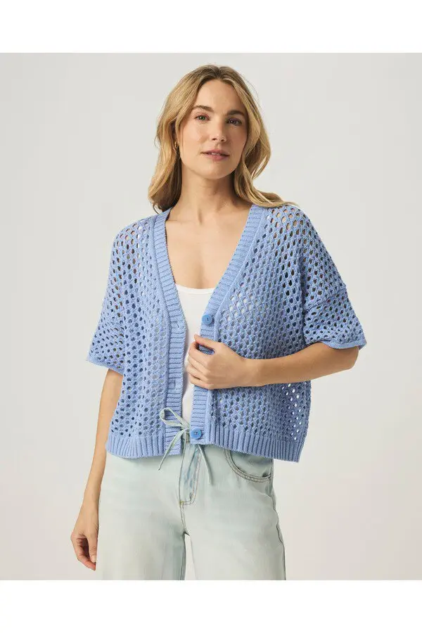 Splendid Nova Pointelle Short Sleeve Cardigan - Blue