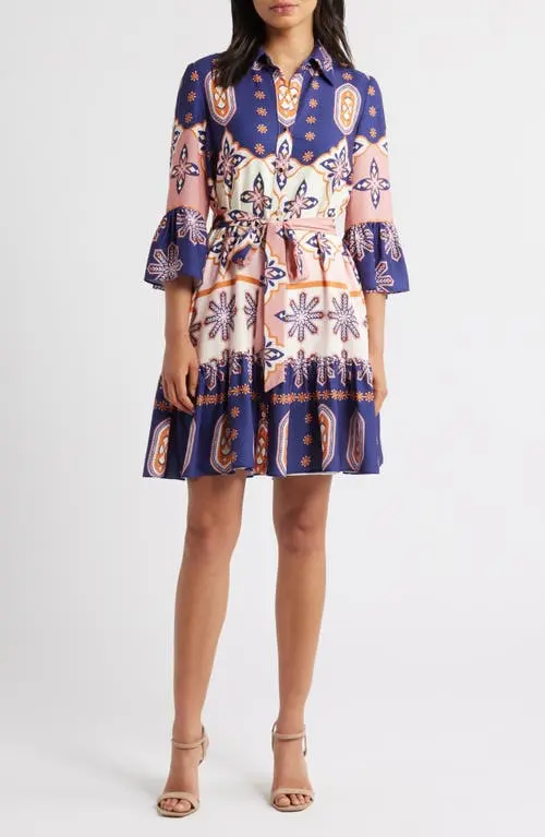 Julia Jordan Print Tie Waist Shirtdress - Navy Multi