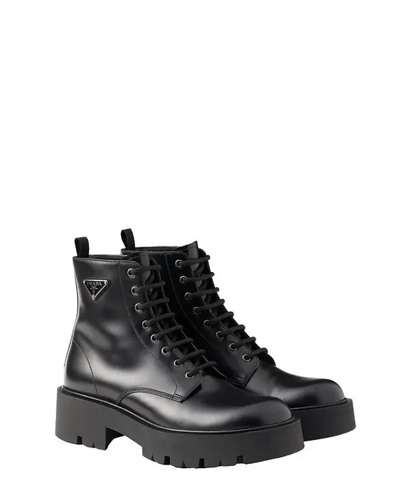 Prada Brushed Leather Combat Boots - Black