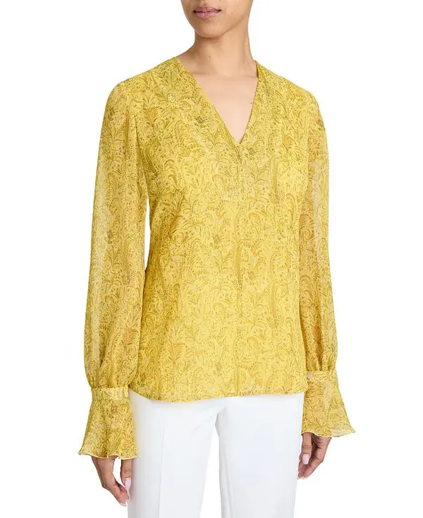 Santorelli Rue Long Sleeve Blouse In Paisley Printed Crinkle Georgette - Chamomile Multi