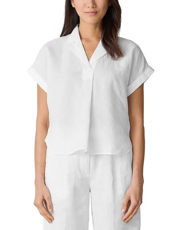 Eileen Fisher Linen Notch Collar Top - White