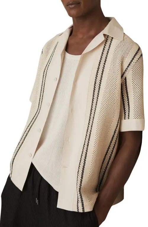REISS Opal Open Knit Camp Shirt - Off White/ Navy