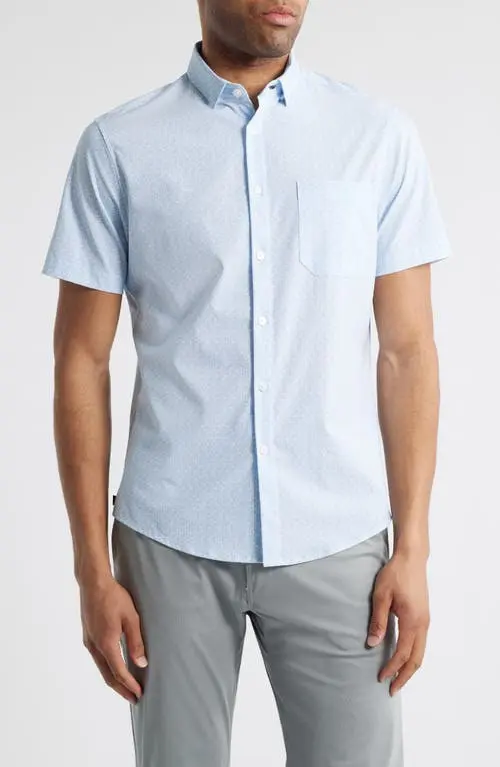 Mizzen+main Leeward Trim Fit Micropattern Short Sleeve Stretch Button-up Shirt - Blue/ White Triangle Dash