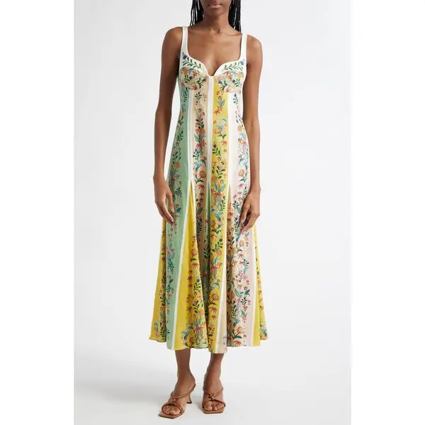 Farm Rio Pleated Linen-blend Sundress - Delicate Floral Stripe