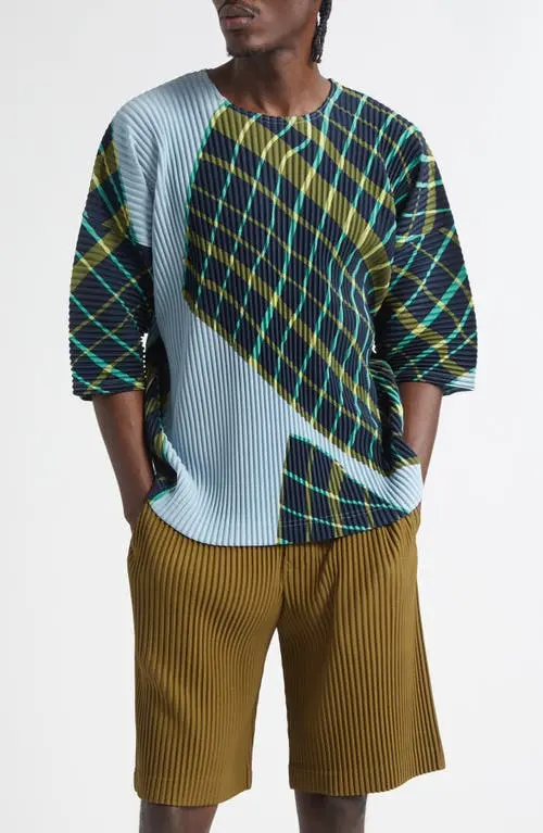 Issey Miyake Windswept Plaid Pleated Top - Blue Gray