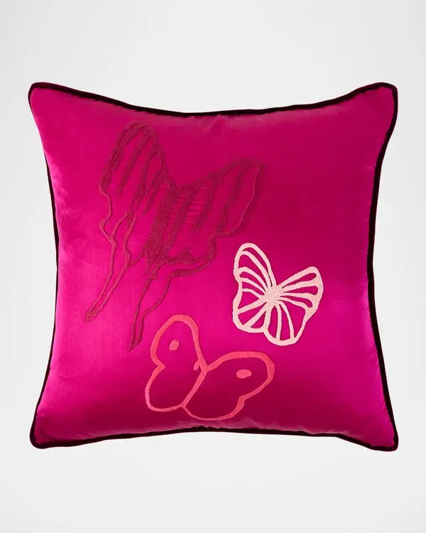 HUNT SLONEM Hand-embroidered Silk Pillow With Velvet Back, 22" Square - Fuschia