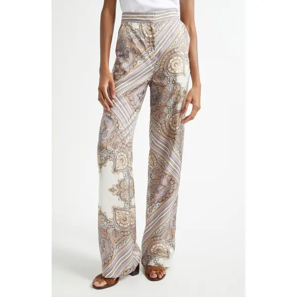 Veronica Beard Grigore Paisley Print Wide Leg Silk Trousers - Stone Khaki Multi