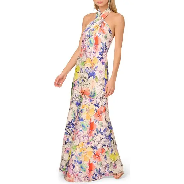 Adrianna Papell Print Satin Halter Gown