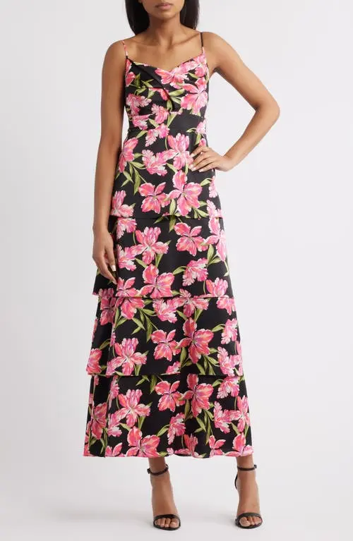 Anne Klein Patio Print Cowl Neck Tiered Midi Dress