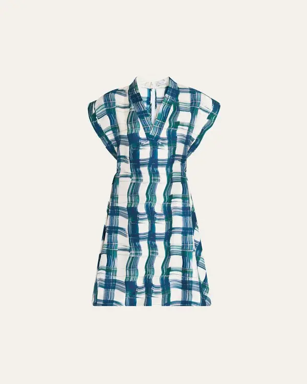 FERRAGAMO Brushstroke Check Short Silk Dress - New Navym