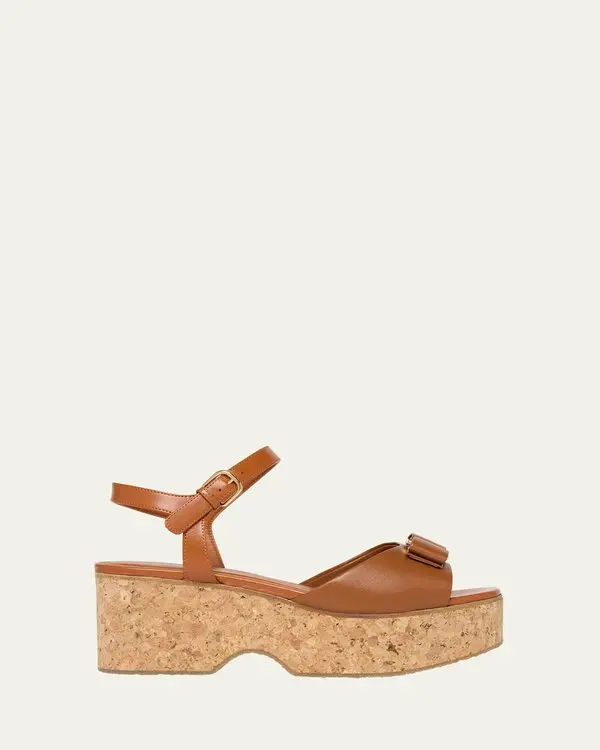 FERRAGAMO Selna Leather Bow Platform Sandals - Cognac