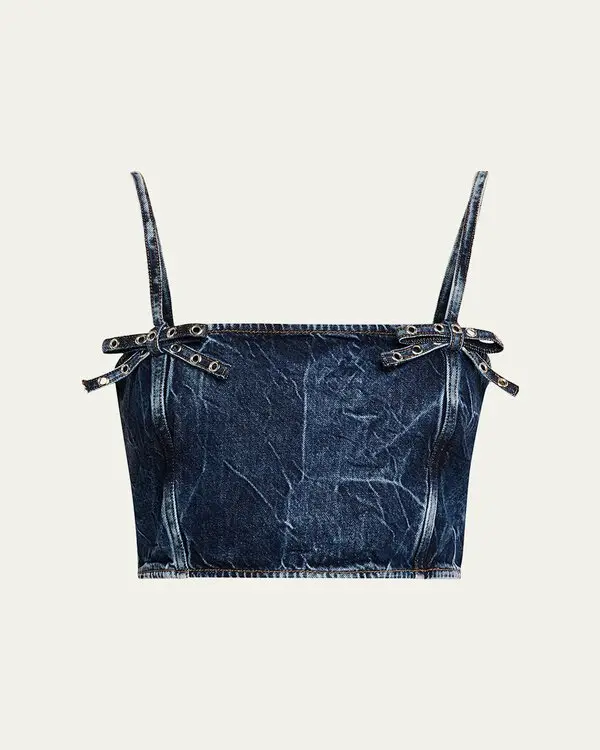 GANNI Crinkled Denim Bow Strap Top - Mid Blue Stone