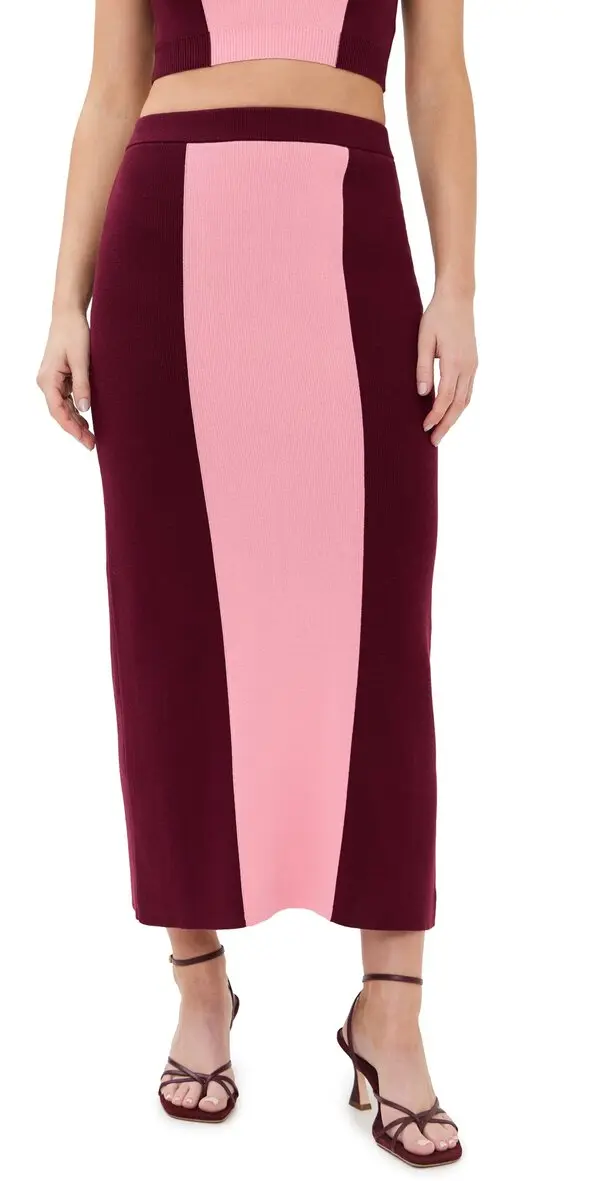 LE BOP Colorblocked Knit Skirt - Burgundy & Flamingo