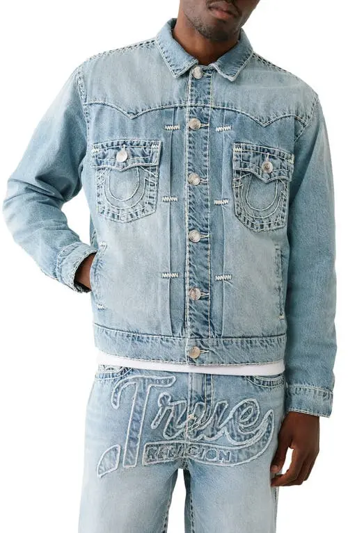 True Religion Super T Oversize Logo Appliqué Denim Jacket
