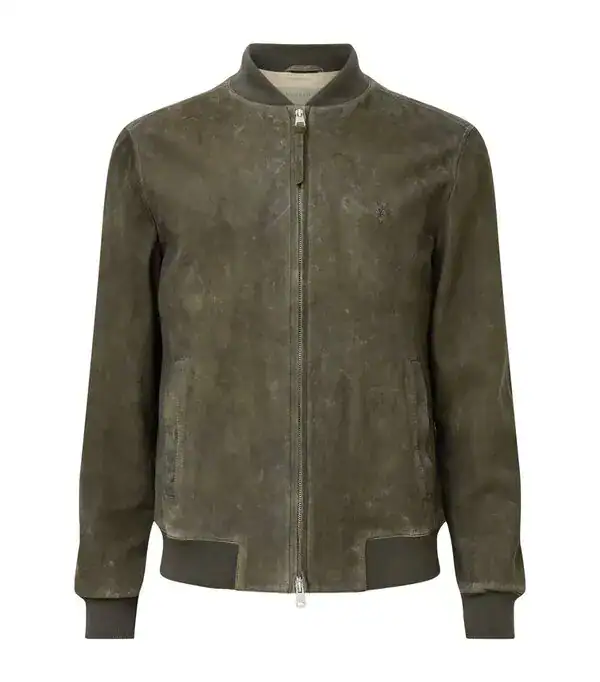 All Saints Suede Buckley Bomber Jacket In Green 19% Off